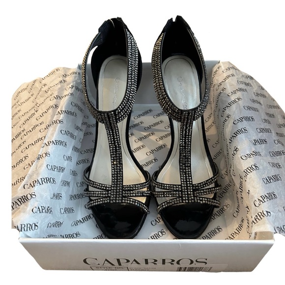Caparros | Shoes | Caparros Black Satin Maddy T Strap Sandal Heels Size ...